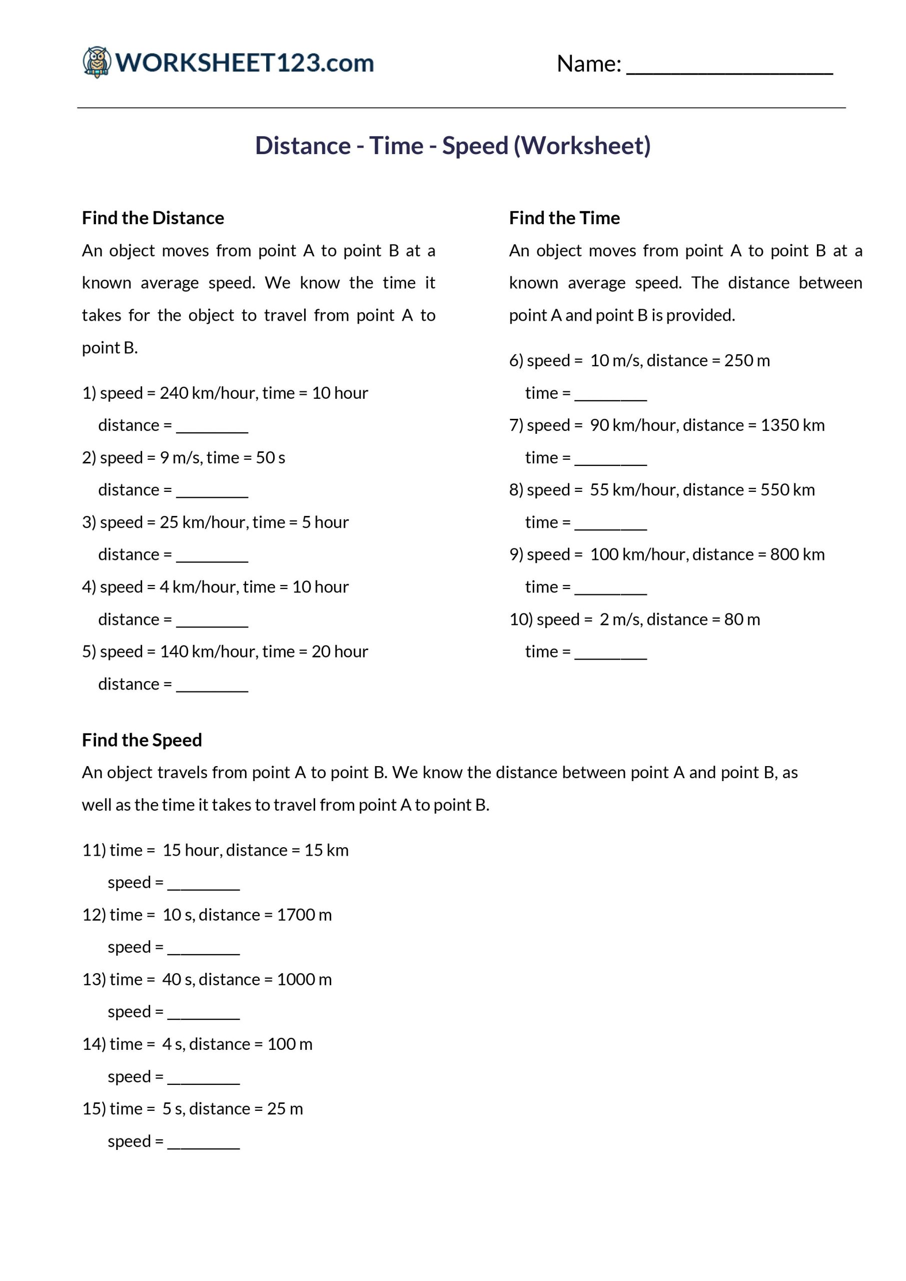 Distance Time Speed Worksheet | Free Download & Printable PDF