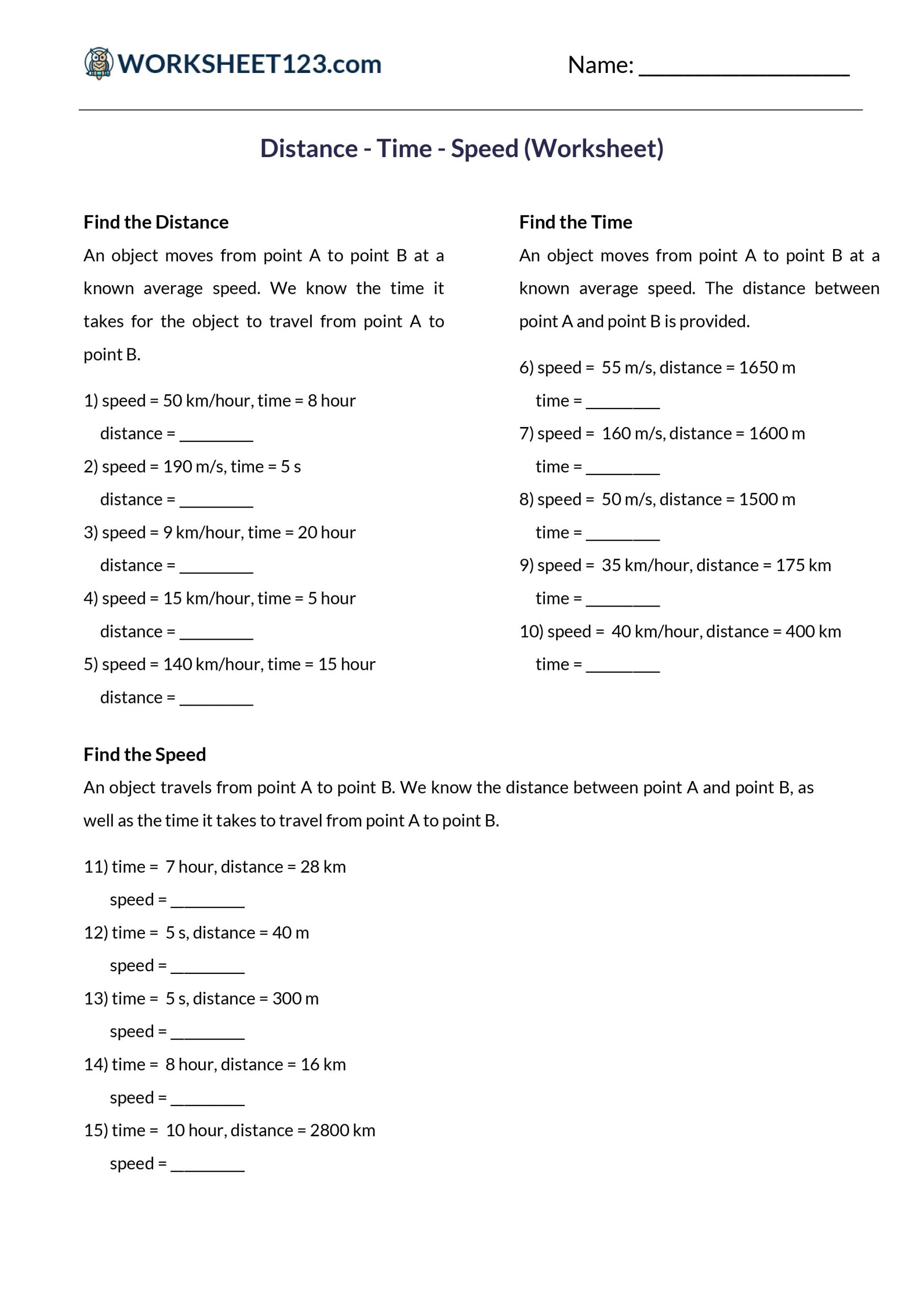 Distance Time Speed Worksheet | Free Download & Printable PDF