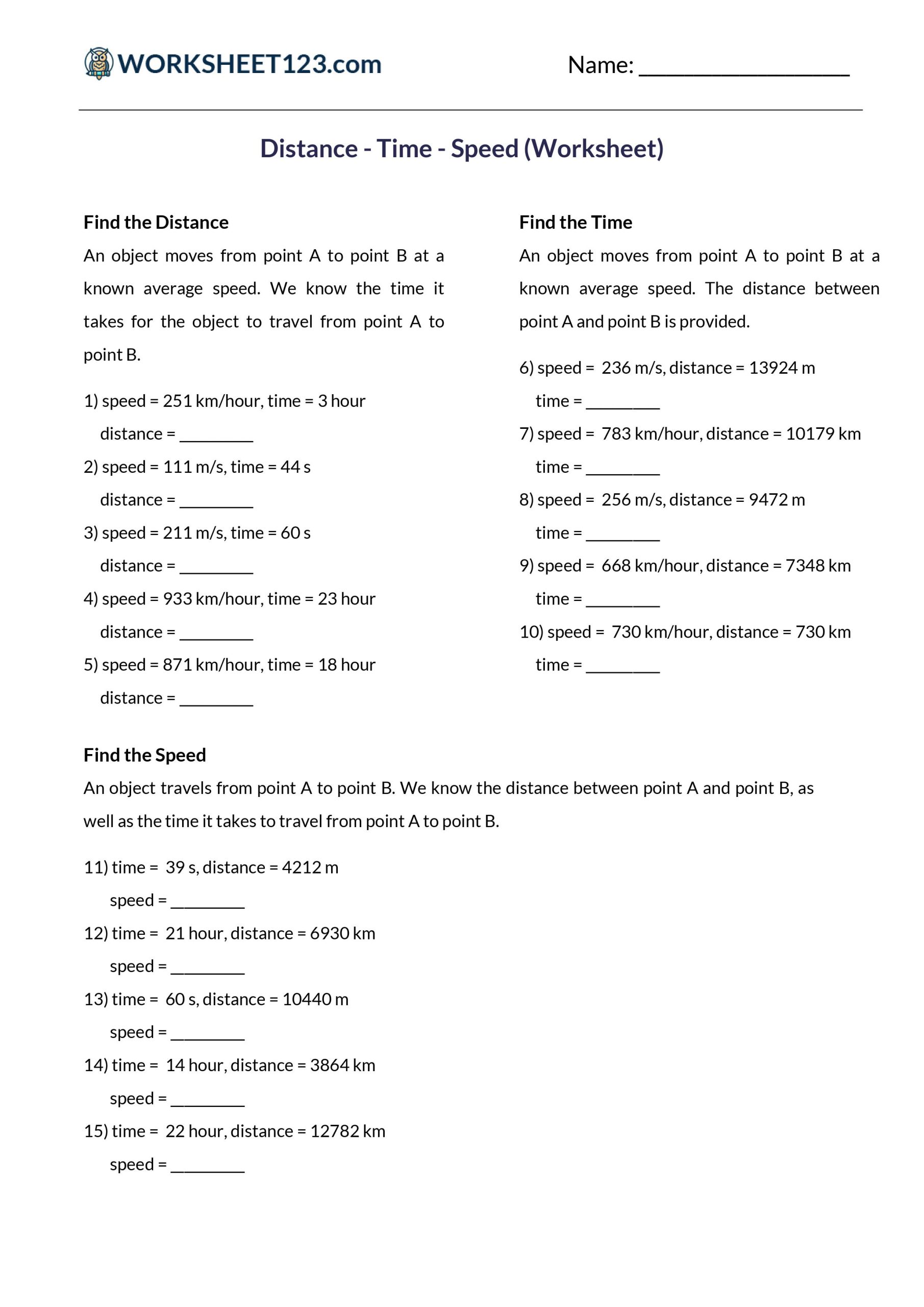 Distance Time Speed Worksheet | Free Download & Printable PDF