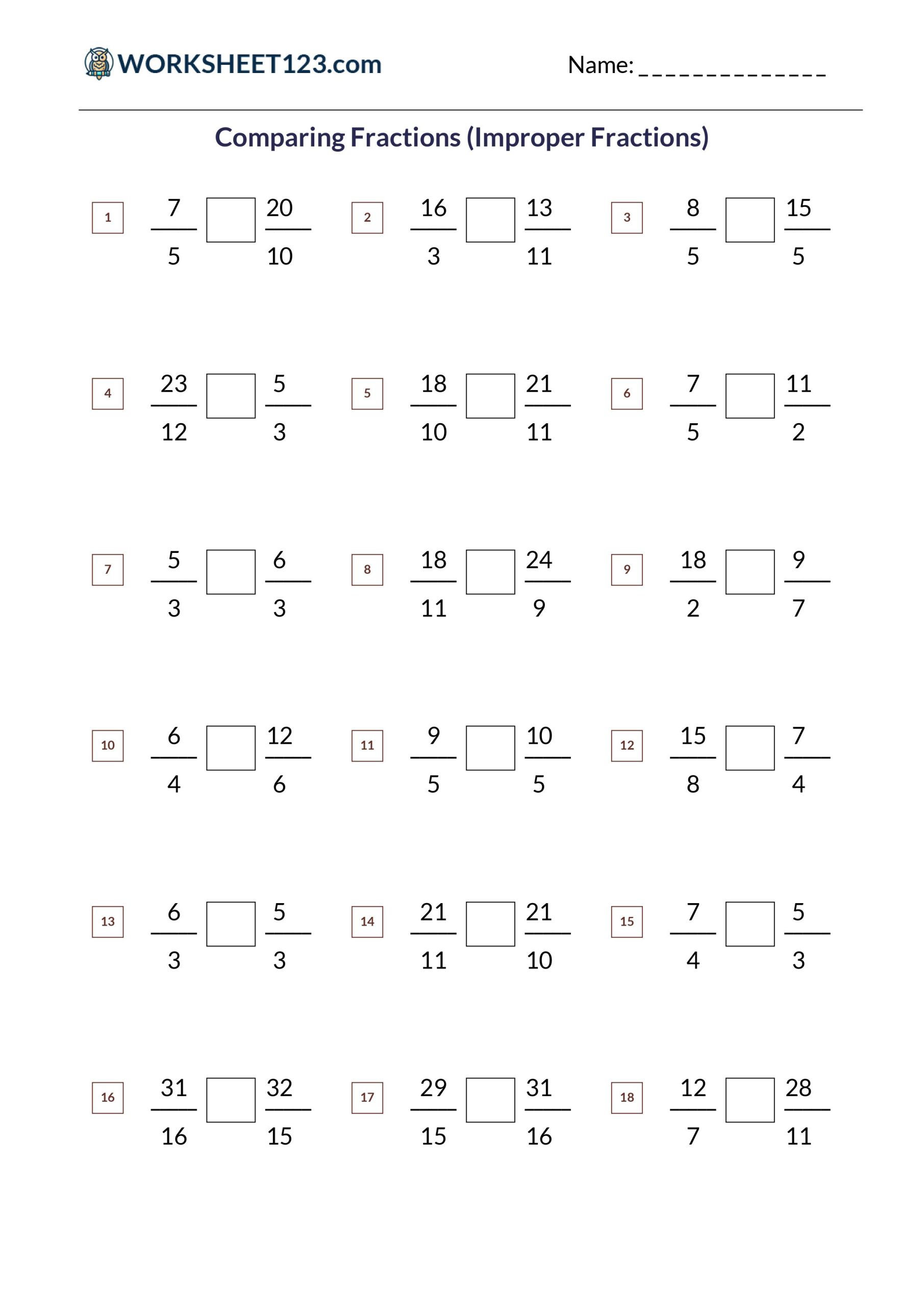 Comparing Fractions with Improper Denominators Worksheets